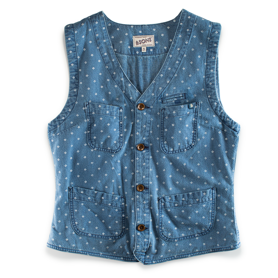 &SONS Drifter Indigo Pattern Waistcoat | Men's Waistcoat | &SONS